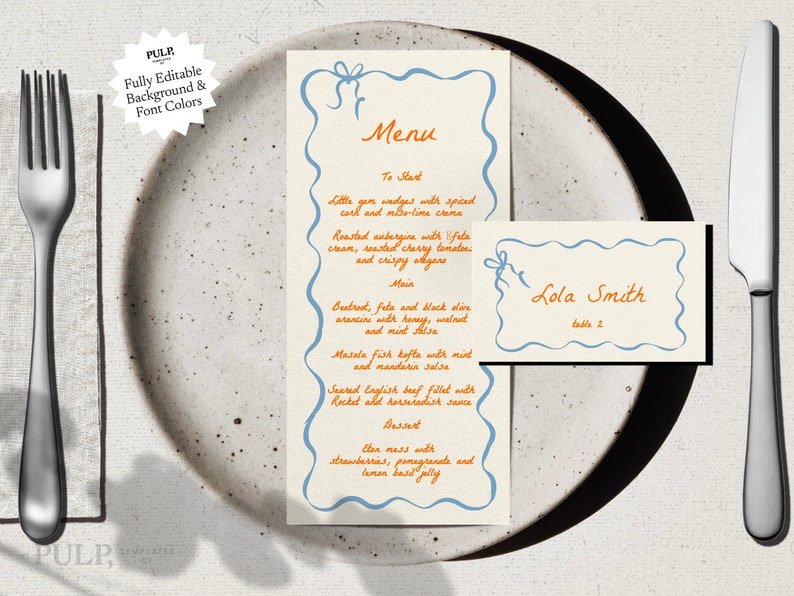 MENU + PLACE CARD Template | Wedding Download | Retro Wavy Scallop Edge ...