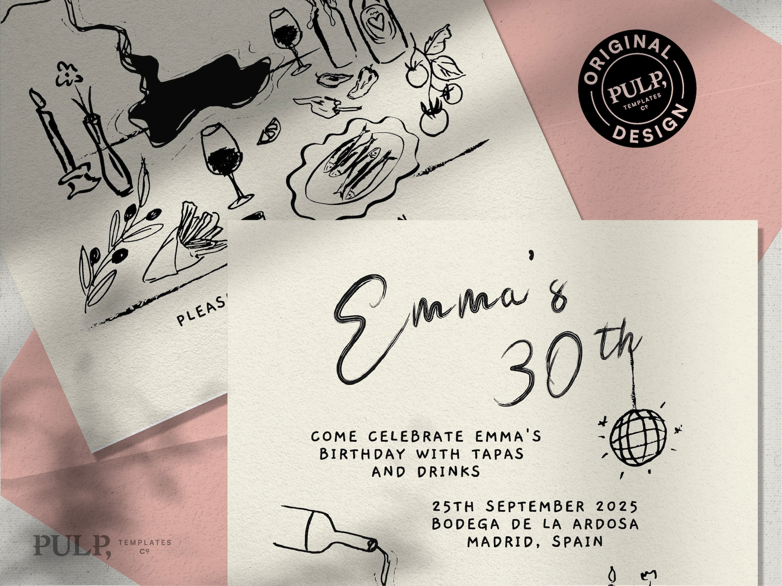 BIRTHDAY INVITE TEMPLATE, Spanish Tapas | Dinner Party With Hand Drawn ...