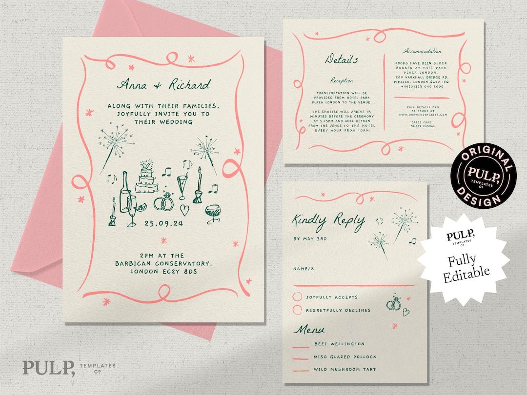 WEDDING INVITATION SET Template | Hand Drawn Scribble Illustrations ...