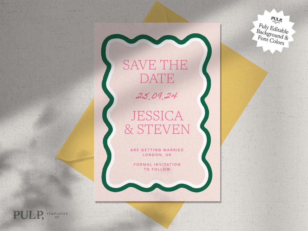 SAVE THE DATE | Retro Green & Pink Double Scallop Wavy Edge Wedding ...
