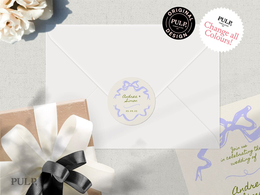 ROUND STICKER Template | Vintage Ribbon Bow, Colorful Hand Drawn ...