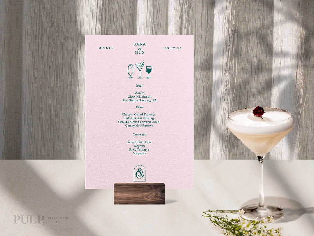 BAR + DRINKS MENU Template | Minimalist Diy Monogram | Simple Classic ...