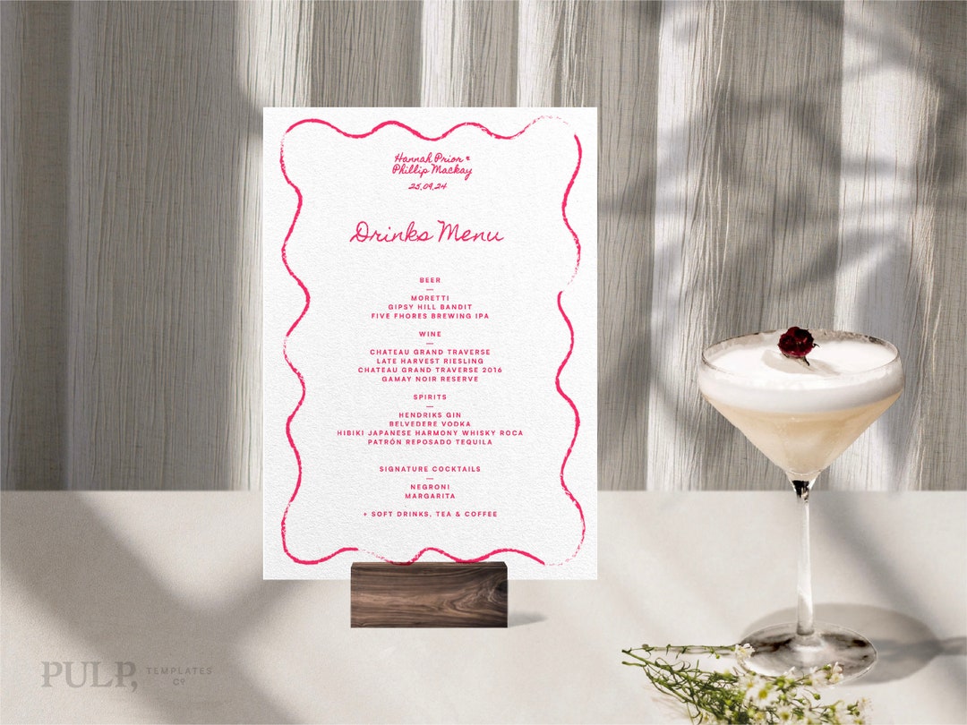BAR / DRINKS MENU | Hand Drawn Scallop Wavy Edge Template | Custom ...