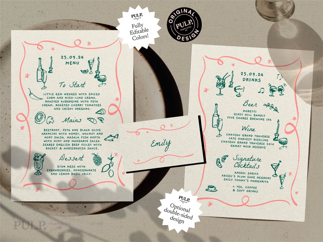 Double Sided FOOD & DRINKS MENU Template | Place Card Settings | Quirky ...