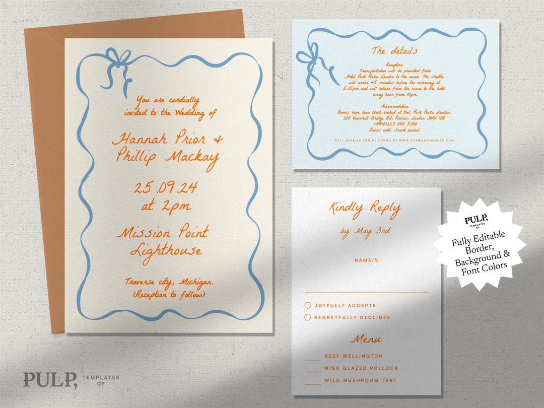 WEDDING INVITE SET | Retro 50s Scallop Wavy Edge Wedding Invite Suite With Ribbon Bow ...
