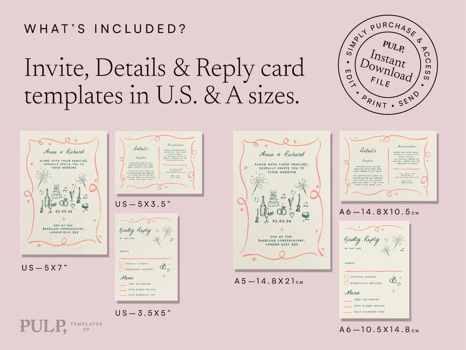 WEDDING INVITATION SET Template Hand Drawn Scribble Illustrations ...