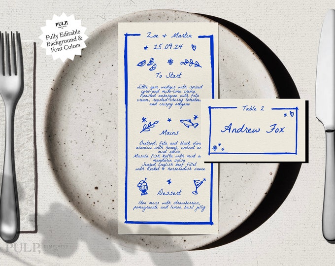 MENU + PLACE CARD Template | Hand Drawn & Handwritten Scribble ...