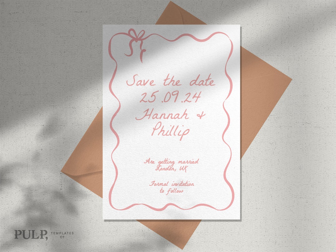 SAVE THE DATE | Retro Scallop Wavy Edge Wedding Invite With Ribbon Bow ...