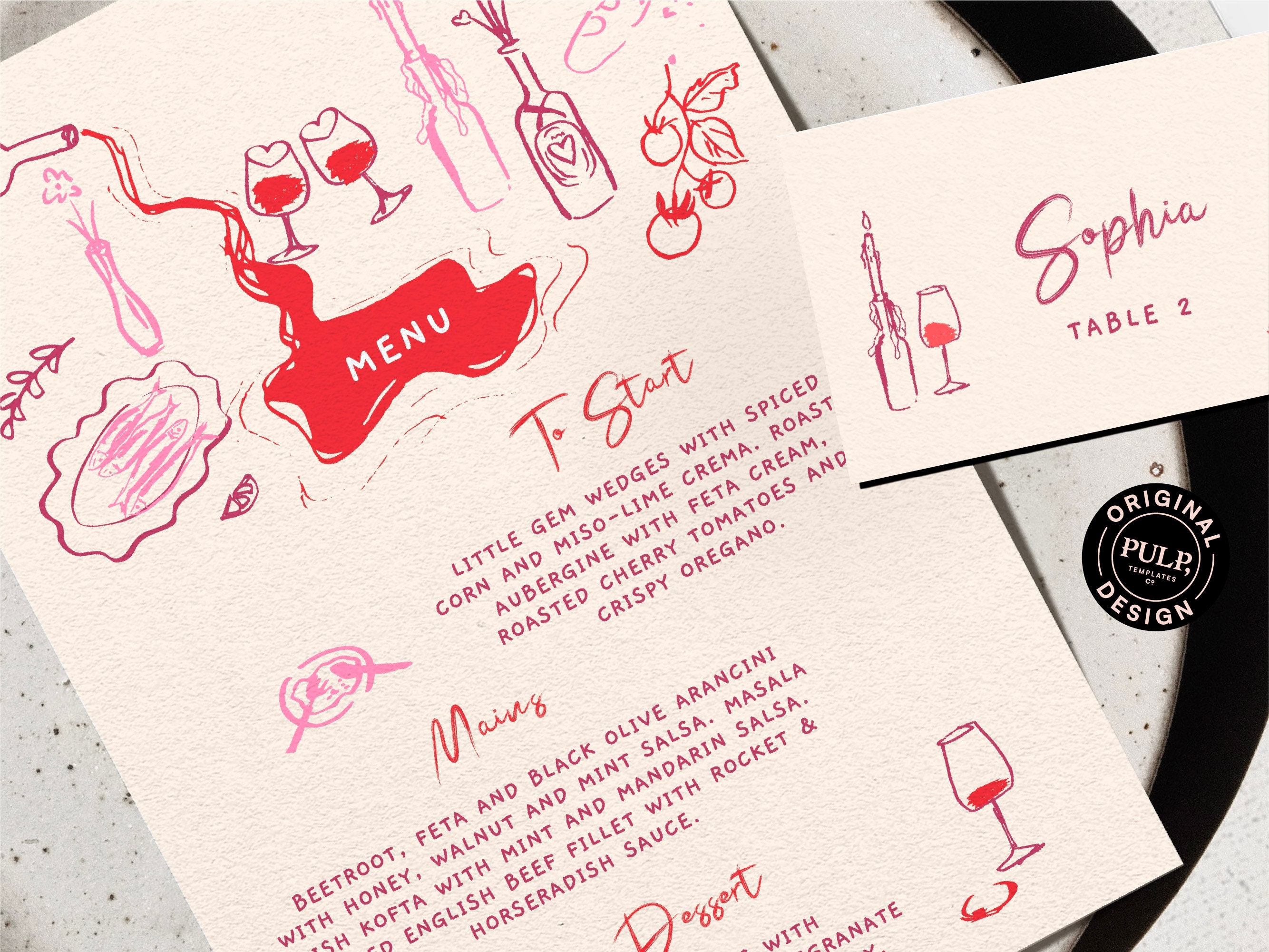MENU + PLACE CARD Template | | Fun Colorful | Hand Drawn & Handwritten ...