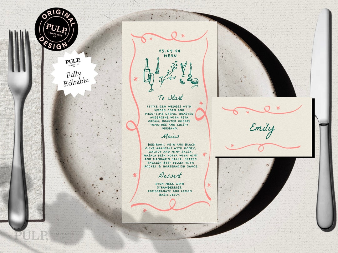 MENU + PLACE CARD Template | Hand Drawn & Handwritten Scribble ...