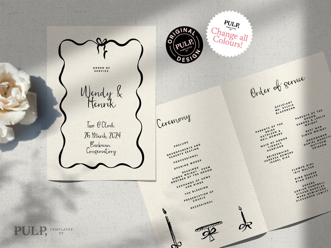 WEDDING CEREMONY PROGRAM Template | Wavy Ribbon Hand Drawn Illustration ...