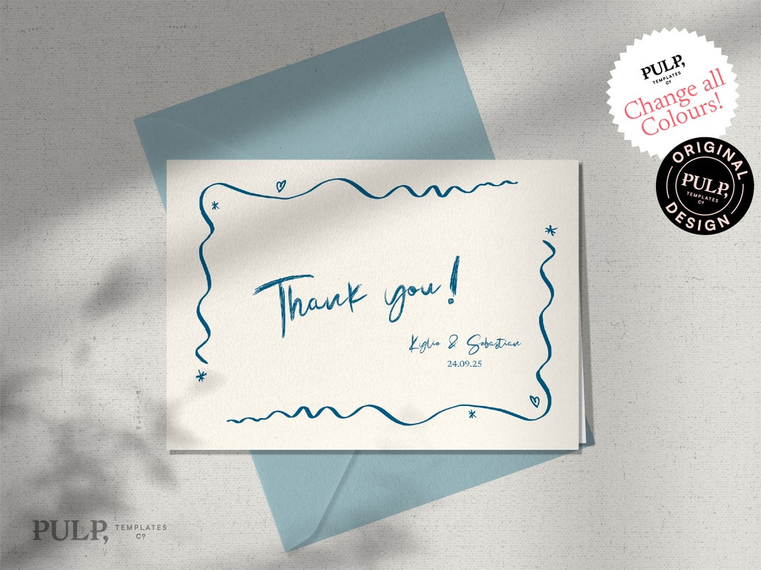 THANK YOU CARD Template | Wavy Edge Ribbon Hand Drawn Illustrations and ...