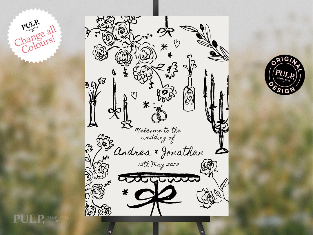 WELCOME SIGN Template | Whimsical, Funky Floral, Hand Drawn Illustrated ...