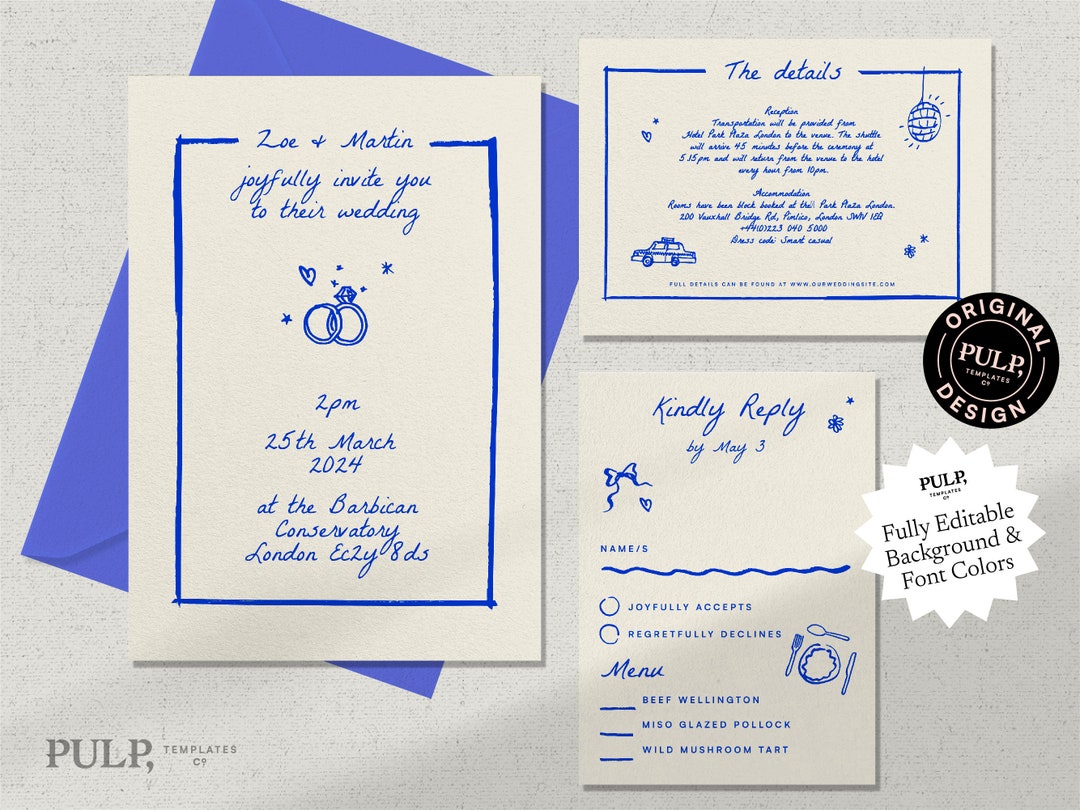 WEDDING INVITE SET Template | Quirky Whimsical Hand Drawn Scribble ...