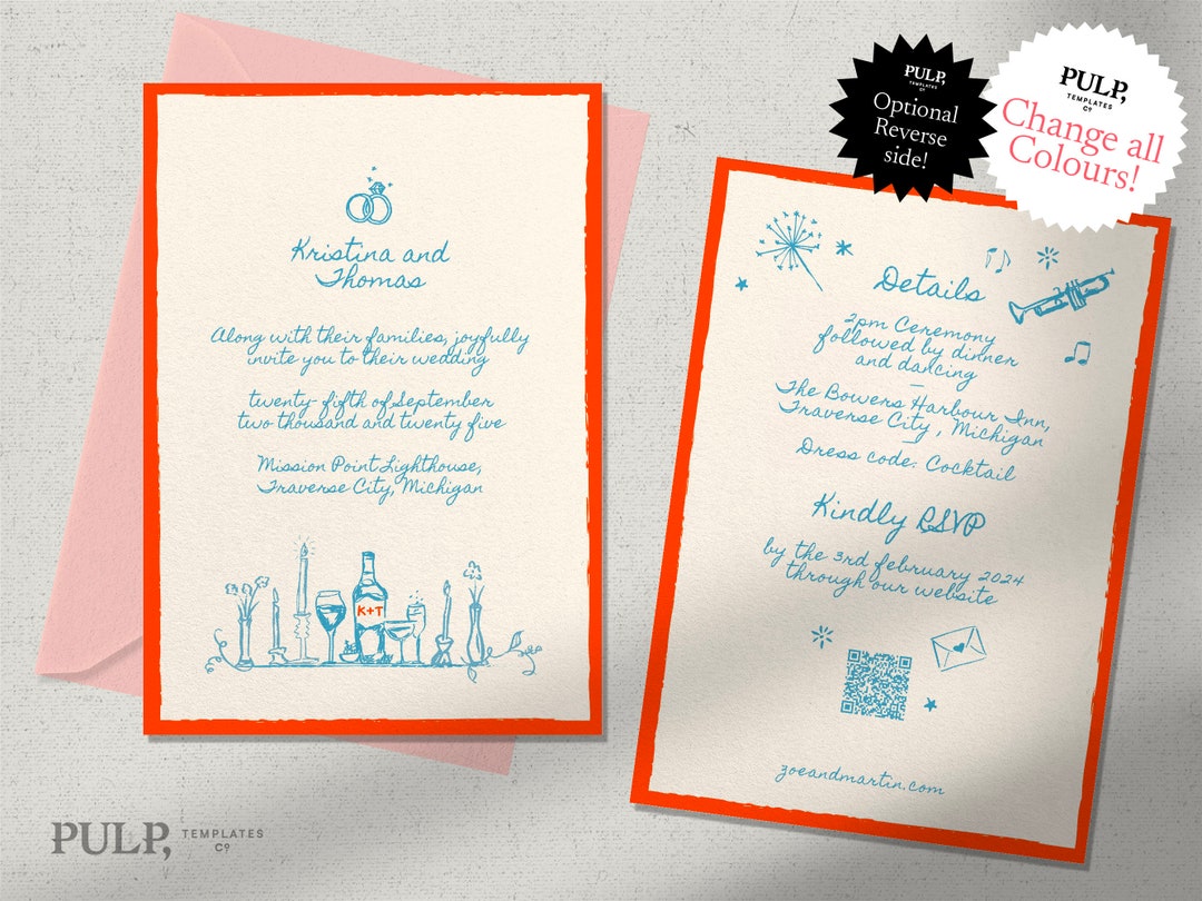 WEDDING (double Sided) INVITE Template | Quirky Whimsical Hand Drawn ...