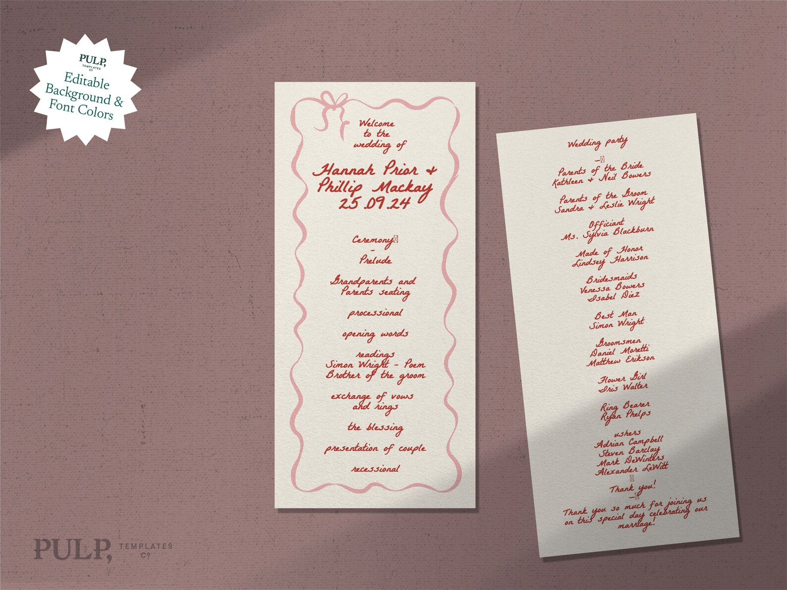 WEDDING CEREMONY PROGRAM Handwritten Retro Vintage Scallop Wavy Edge Order of Service Custom ...