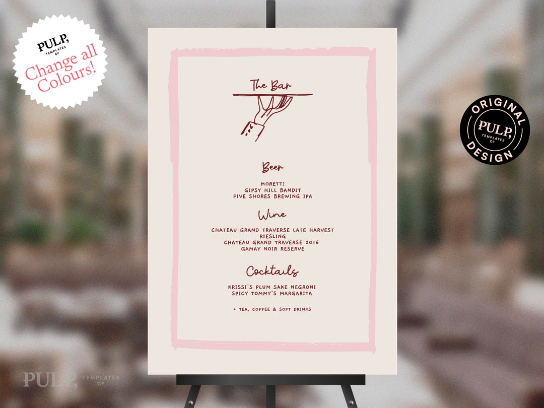 BAR MENU SIGN Template | Large Wedding Drinks Menu Poster Board | Hand ...