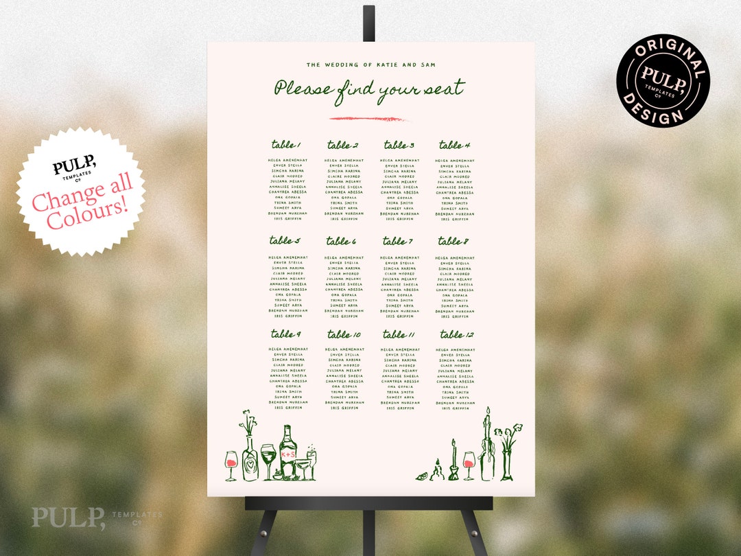 SEATING CHART TEMPLATE | Colorful, Whimsical, Funky, Hand Drawn ...
