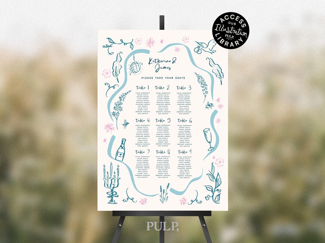 SEATING CHART TEMPLATE | Colorful, Whimsical Disco Floral Illustrations ...