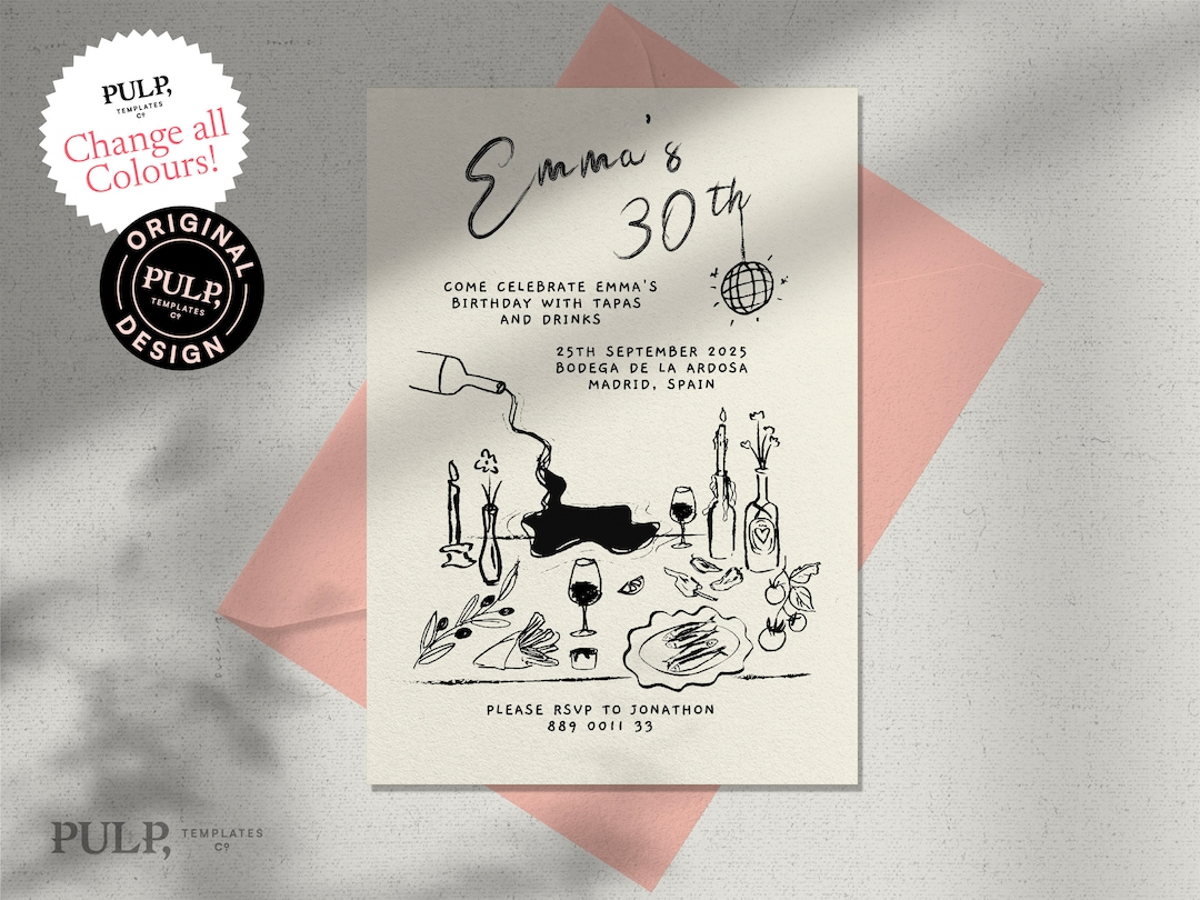 BIRTHDAY INVITE TEMPLATE, Spanish Tapas | Dinner Party With Hand Drawn ...