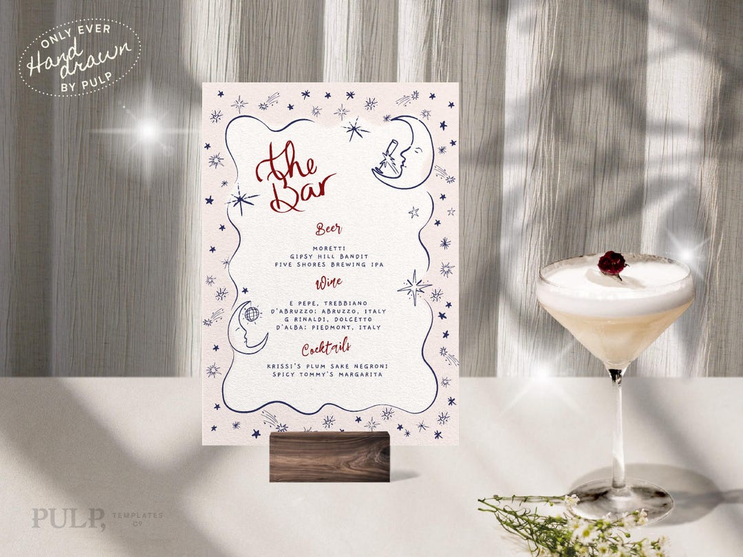 BAR + DRINKS MENU Template | Hand Drawn & Handwritten Astral Celestial ...