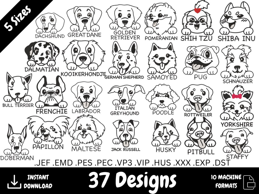 37 diseños de bordado de razas de perros 5 tamaños Descarga instantánea ...