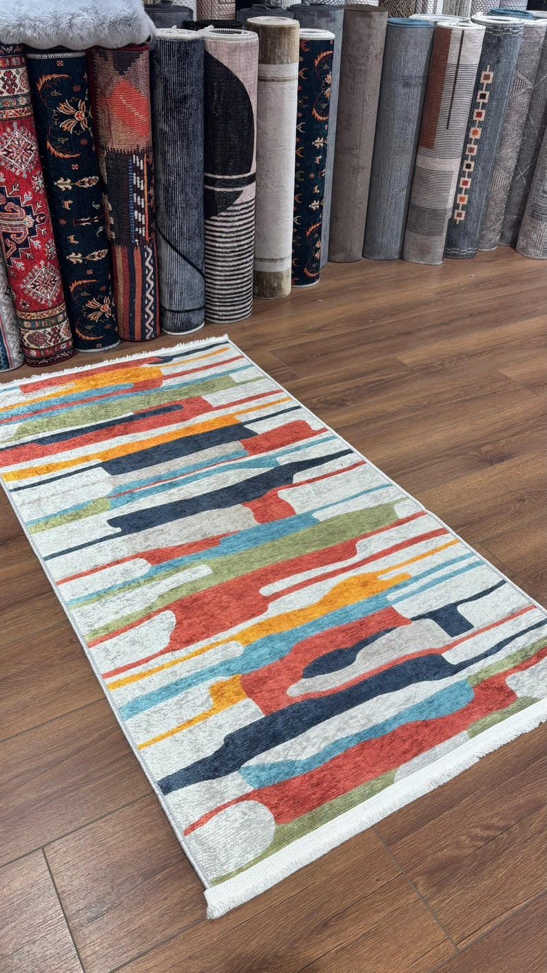 Abstract Watercolor Brushstroke Runner Rug, Colorful Modernist Floor ...
