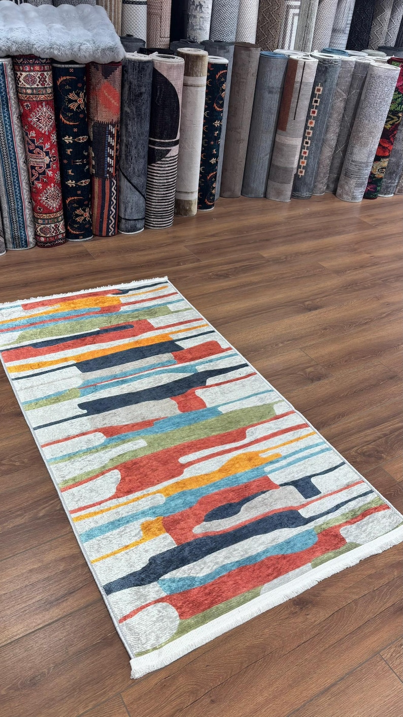 Abstract Watercolor Brushstroke Runner Rug, Colorful Modernist Floor ...