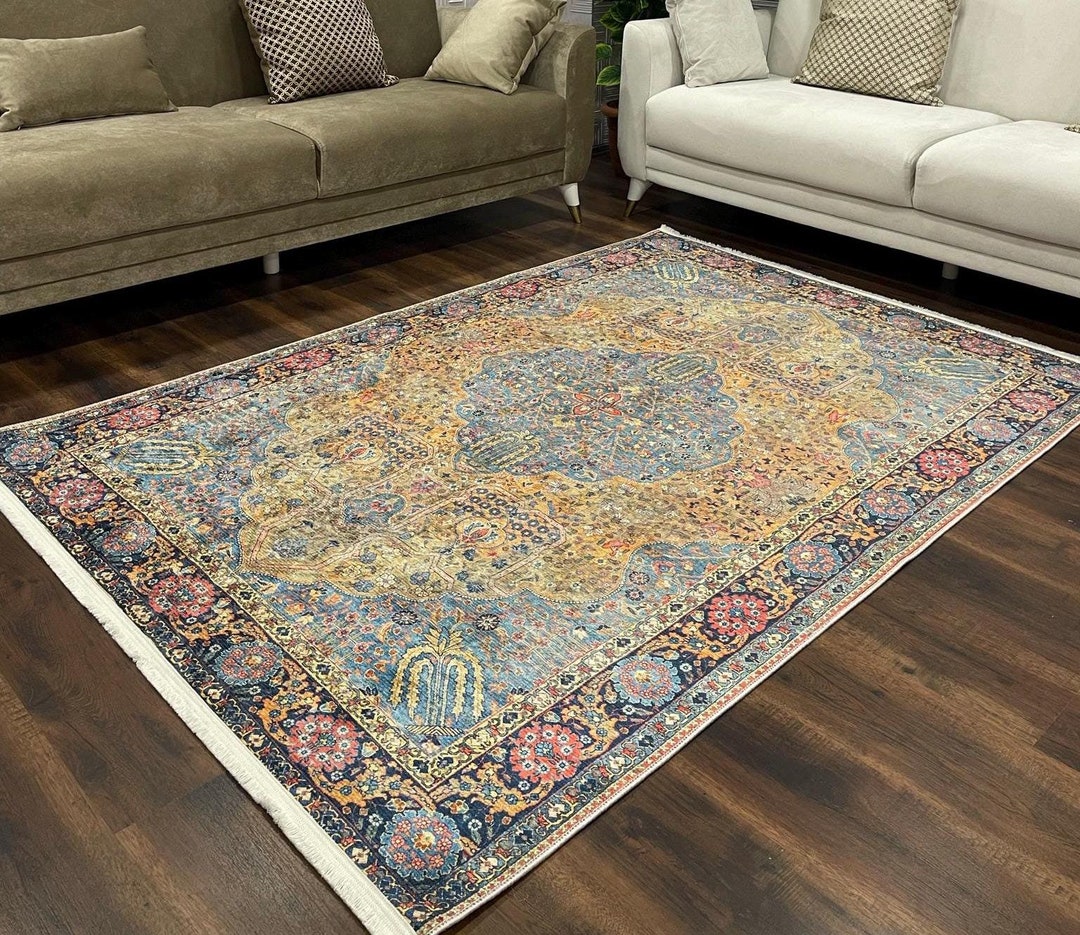 Belly Patterned Rug,blue &yellow Floral Rug,vintage Persian Rug,heriz ...