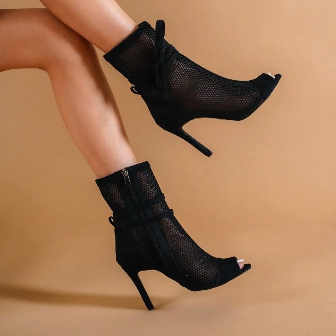 Women Heeled Shoes Black Suede Mesh Boots Open Front Mesh Zipper ...