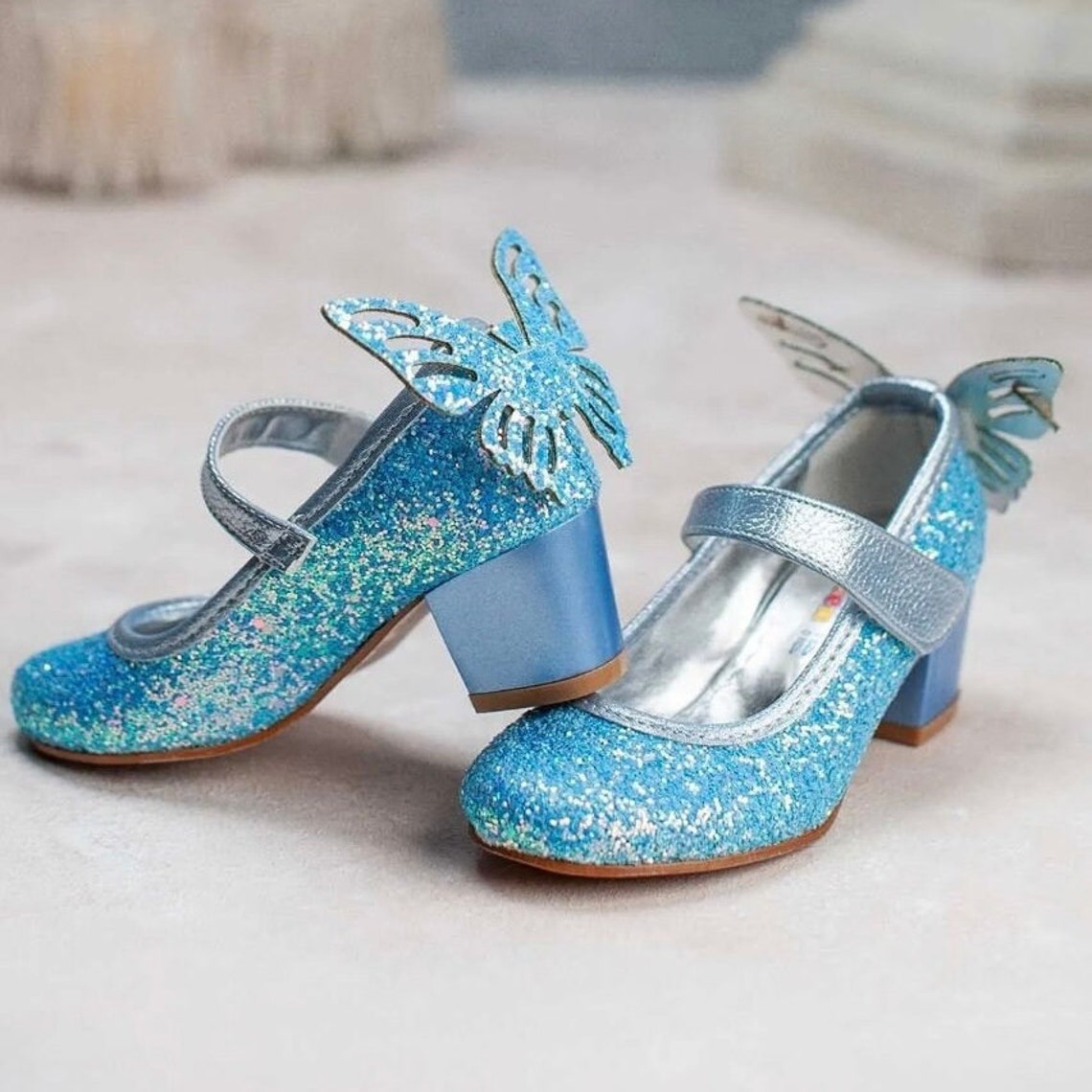 Girl Child High Heels Shoes Blue Stone Butterfly Thick Heels Birthday ...