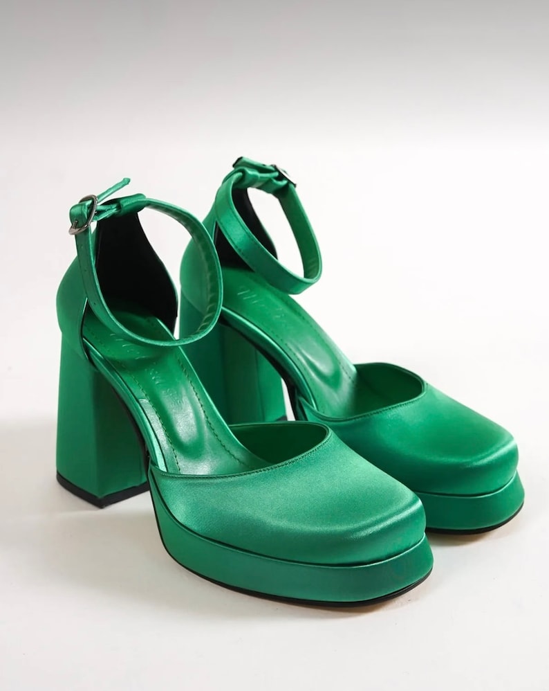 Green Satin Platform Heels Women Shoes Thick Heel Stylish Night ...
