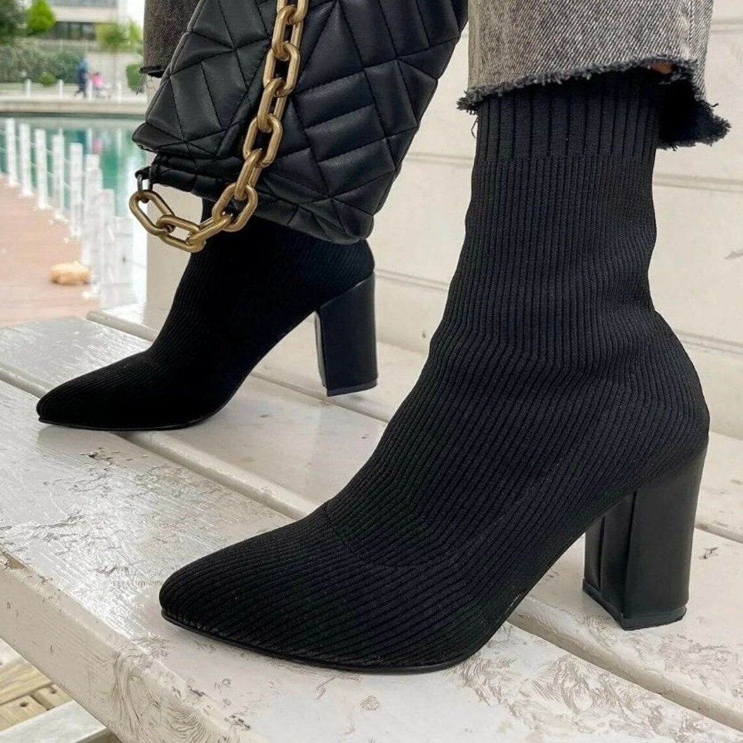 Women Boots, Stretch Sock Boots, Medium Size Boots, Black Color, Short ...