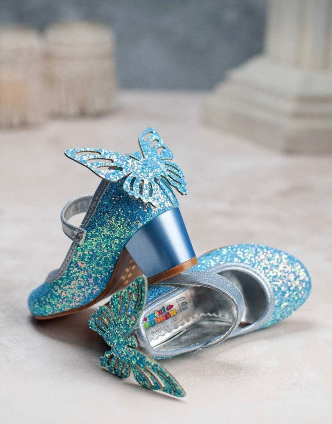 Girl Child High Heels Shoes Blue Stone Butterfly Thick Heels Birthday ...