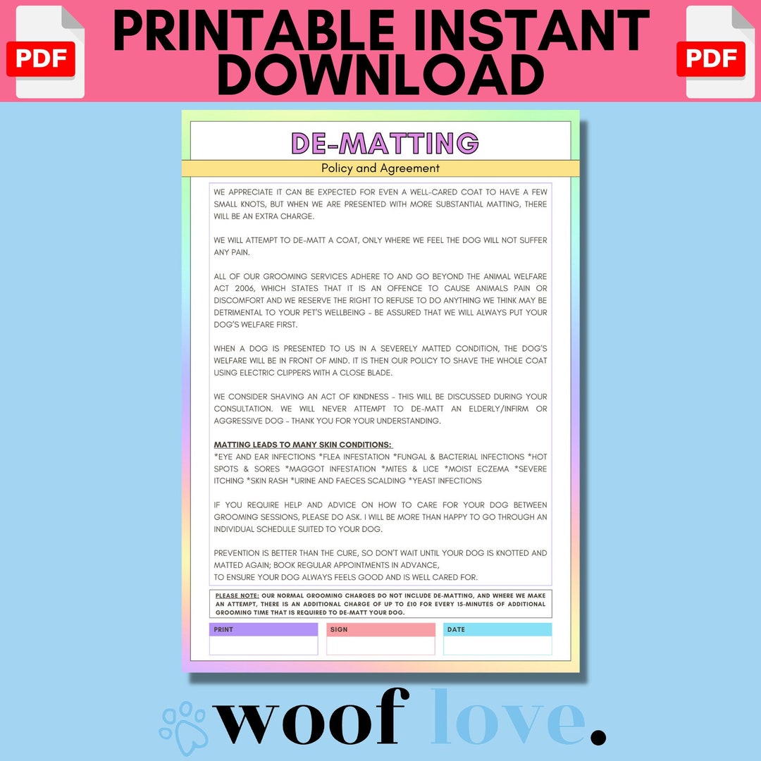 Printable Dog Grooming De-matting Policy (RAINBOW) | Mobile Dog ...