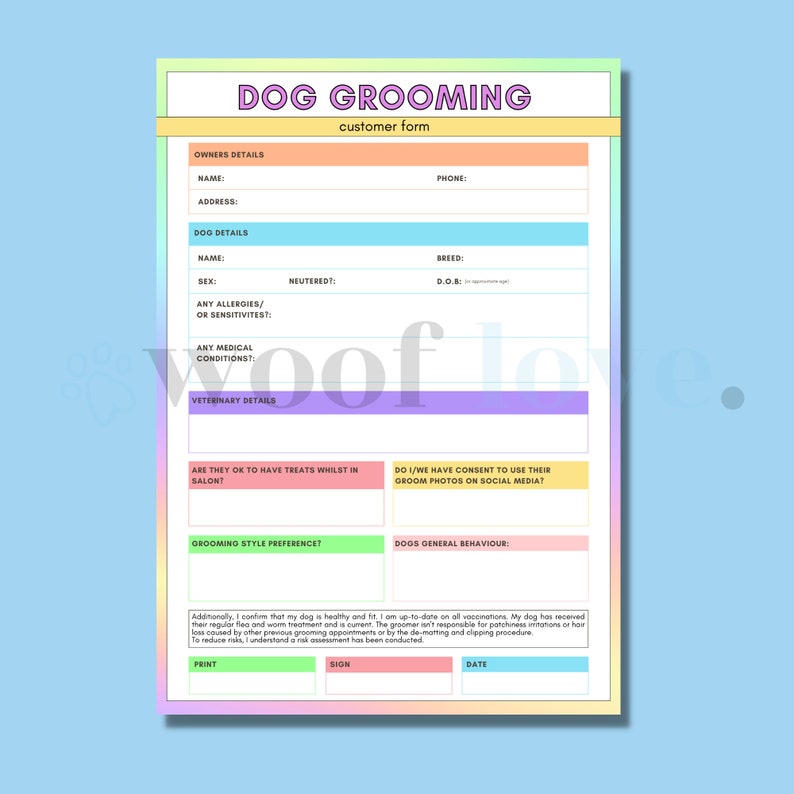 Printable Dog Grooming Form (RAINBOW EDITION) | Mobile Dog Grooming ...
