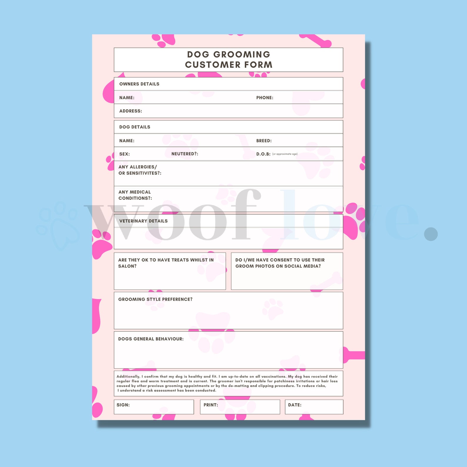 Printable Dog Grooming Form PAW EDITION Mobile Dog - Etsy