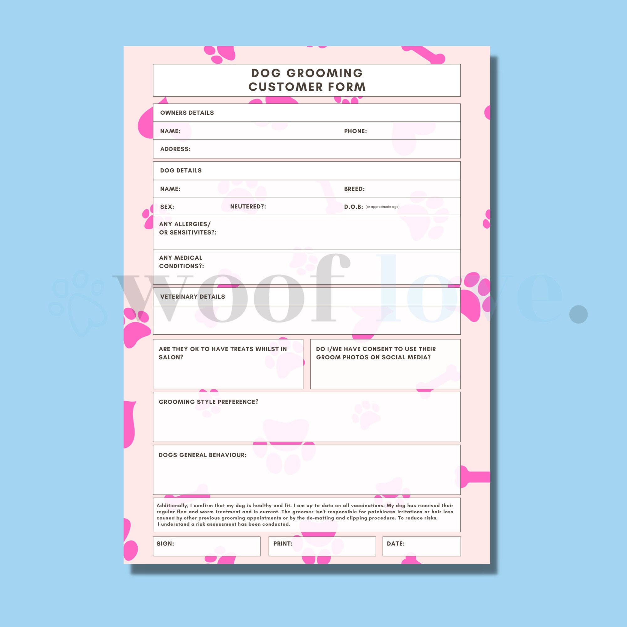 Printable Dog Grooming Form PAW EDITION Mobile Dog - Etsy