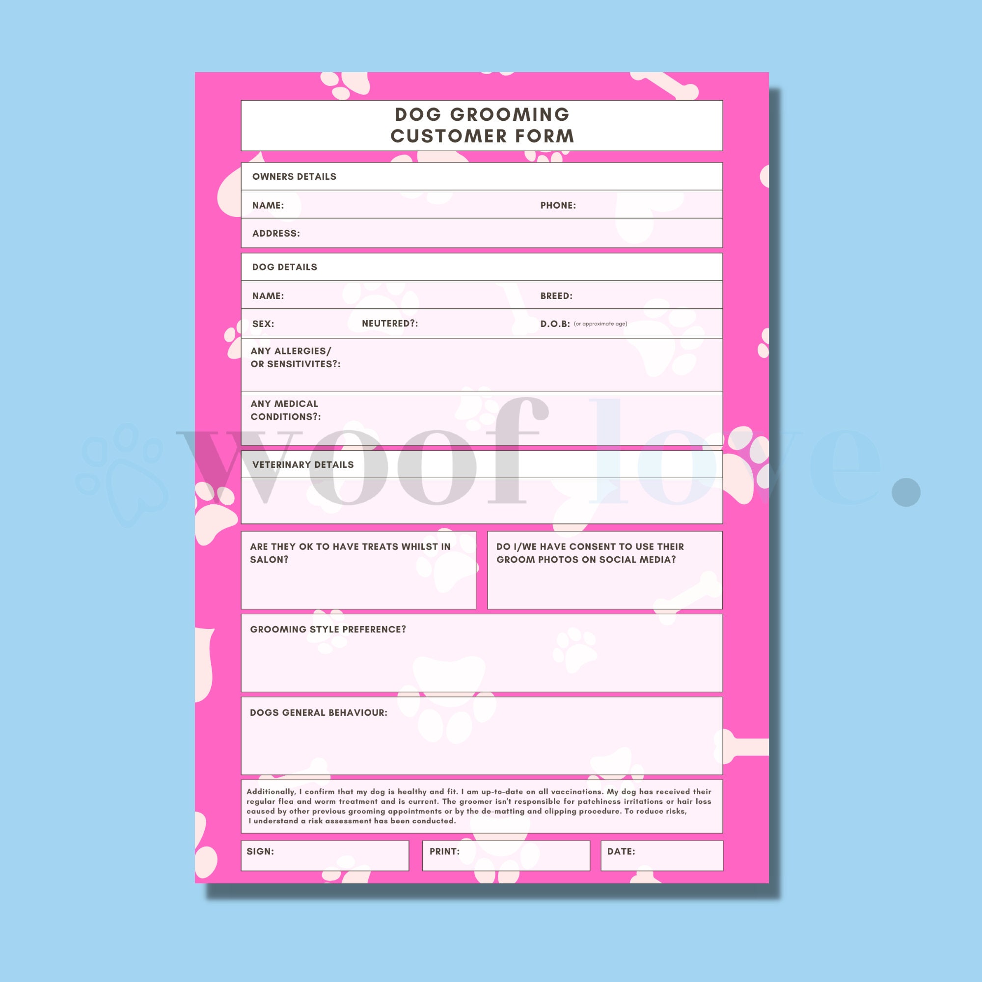 Printable Dog Grooming Form | Mobile Business Template (PDF) - Etsy