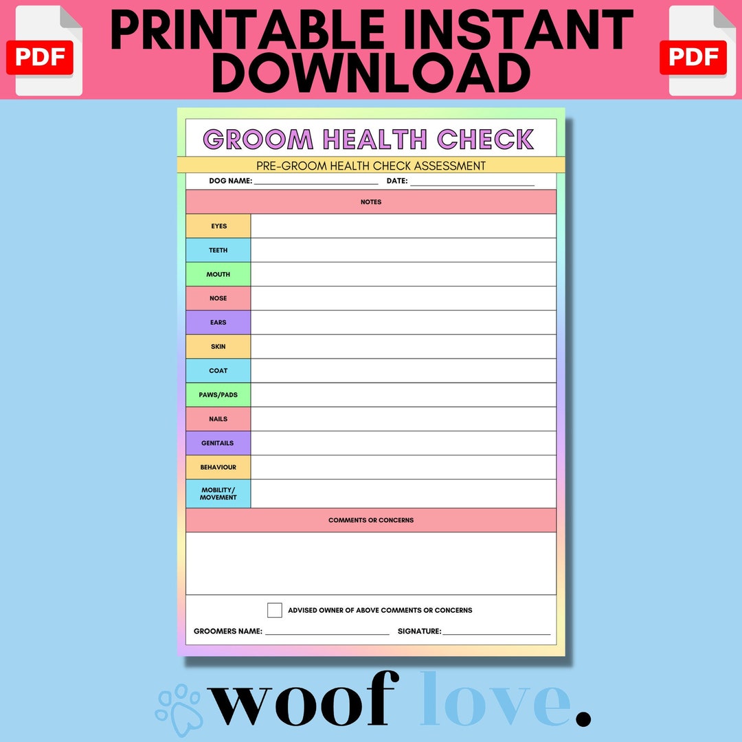 Printable Dog Grooming Health Check Form (RAINBOW EDITION) | Dog ...