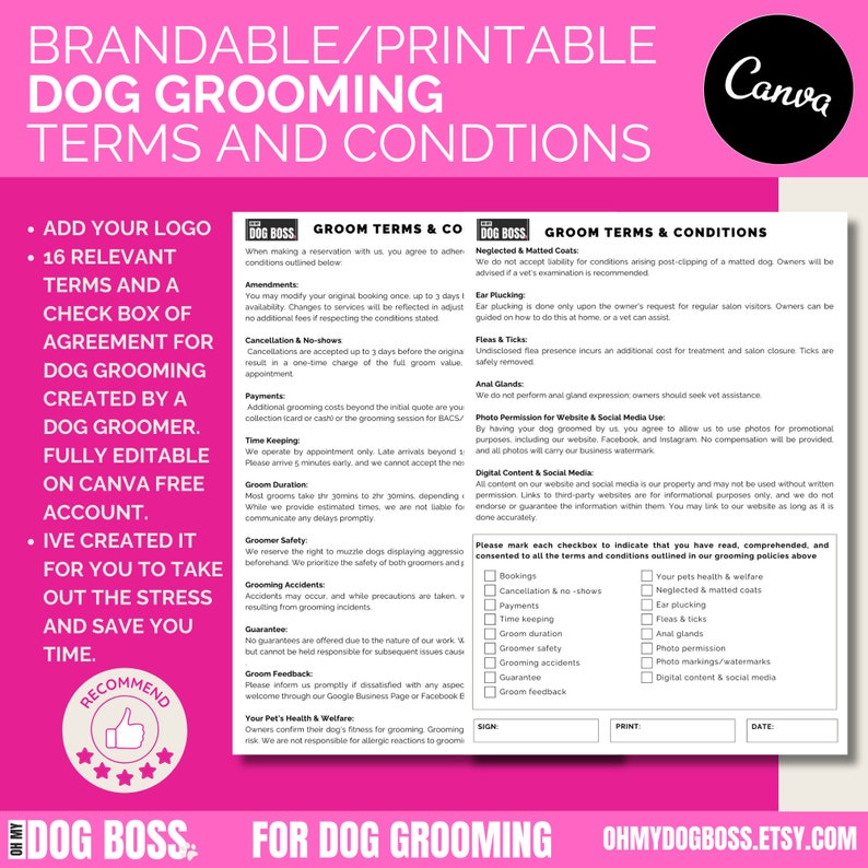 Personalised Printable Dog Grooming Business Terms and Conditions - Etsy