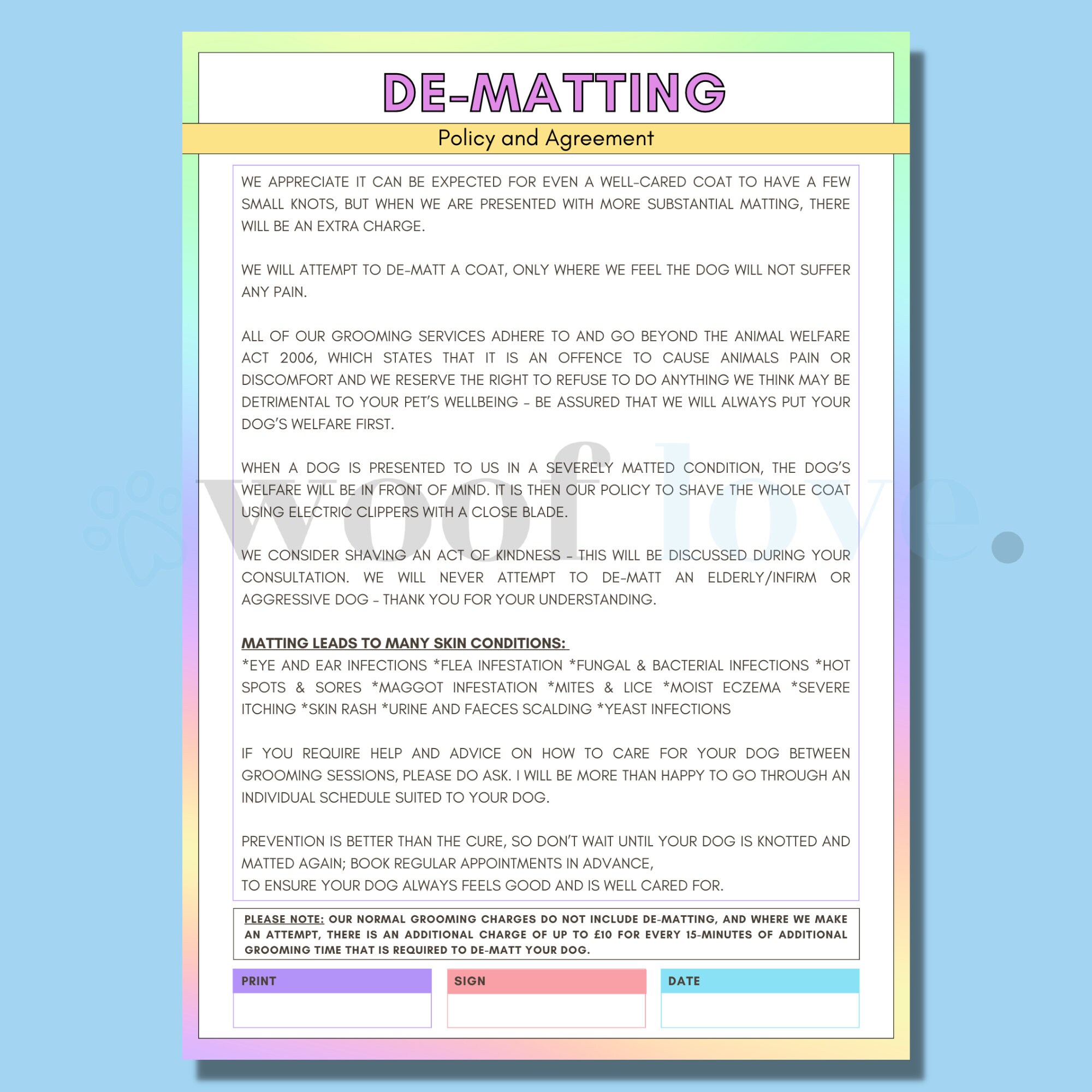 Printable Dog Grooming De-matting Policy (RAINBOW) | Mobile Dog ...