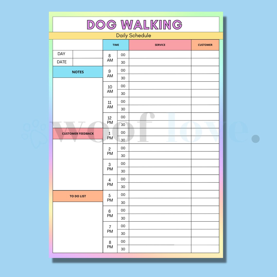 Printable Dog Walking Daily Schedule Form (RAINBOW EDITION) | Dog ...
