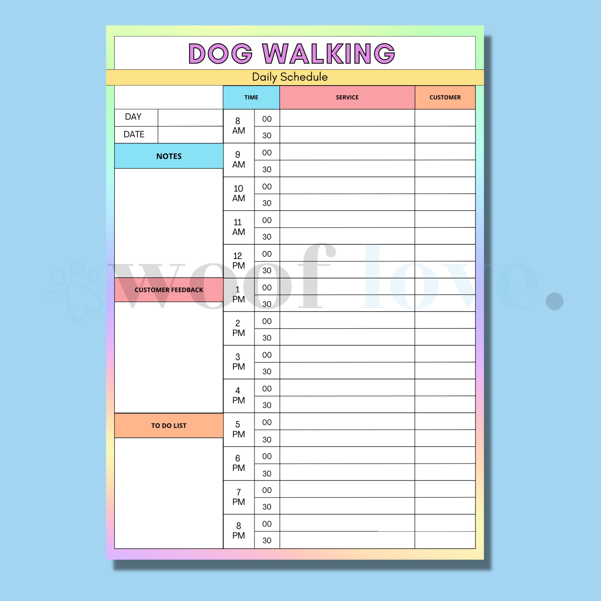Printable Dog Walking Daily Schedule Form (RAINBOW EDITION) | Dog ...