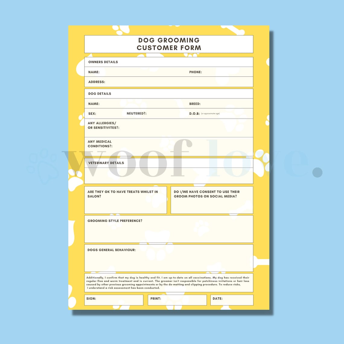 Printable Dog Grooming Form (PAW EDITION) | Mobile Dog Grooming ...