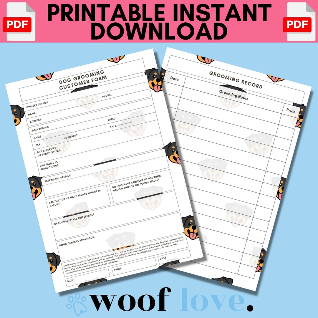 Printable Dog Grooming Form (rottweiler) | Mobile Dog Grooming Template ...