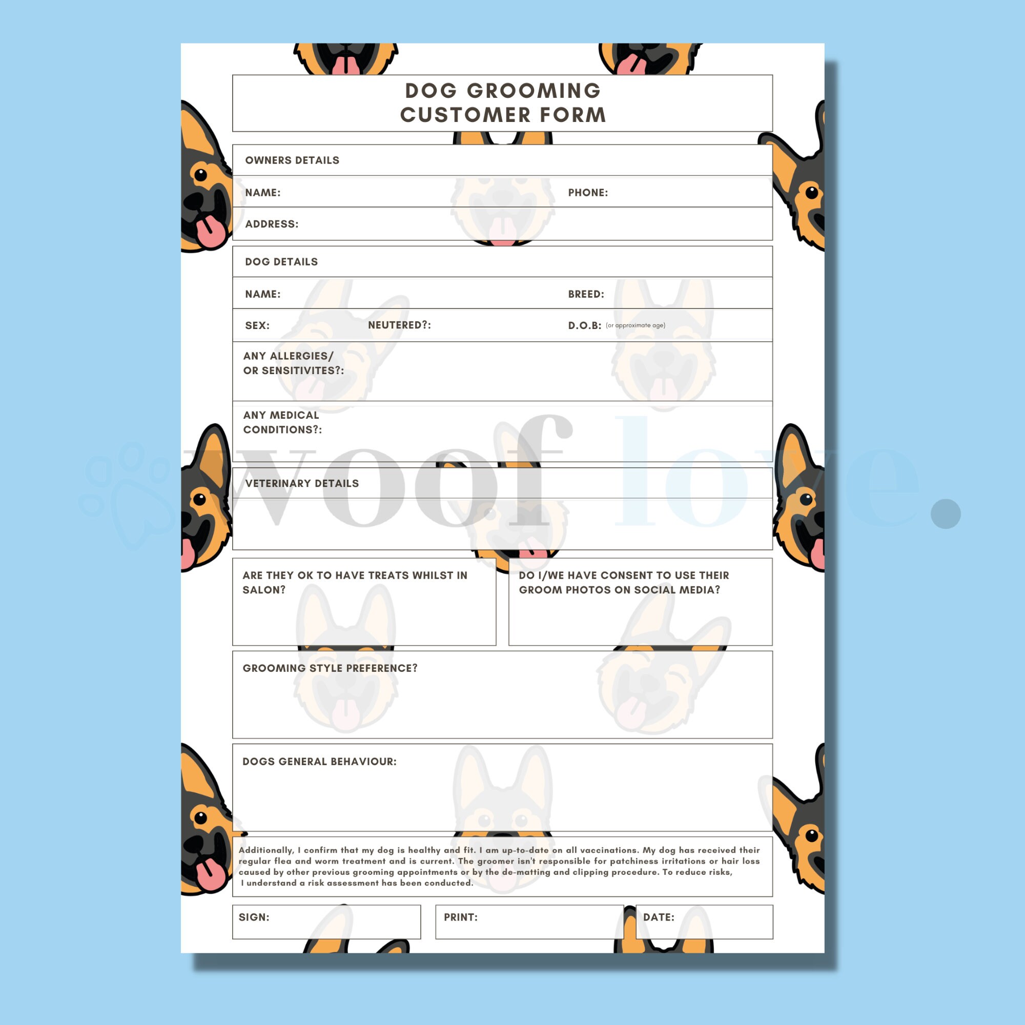 Printable Dog Grooming Form (german Shepherd) | Mobile Dog Grooming ...