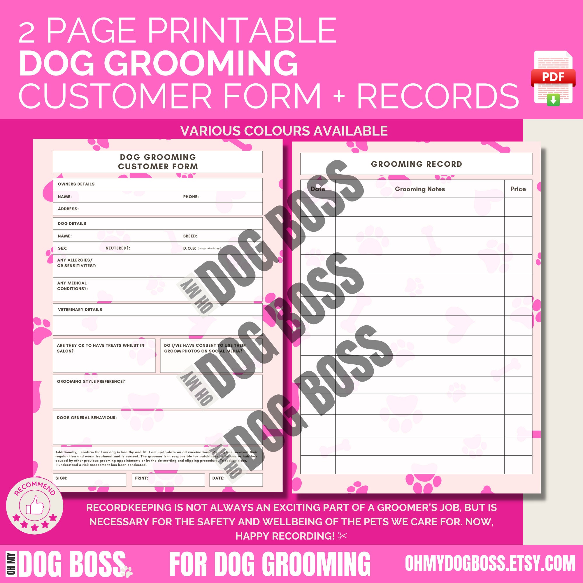 Printable Dog Grooming Form PAW EDITION Mobile Dog Grooming Template ...