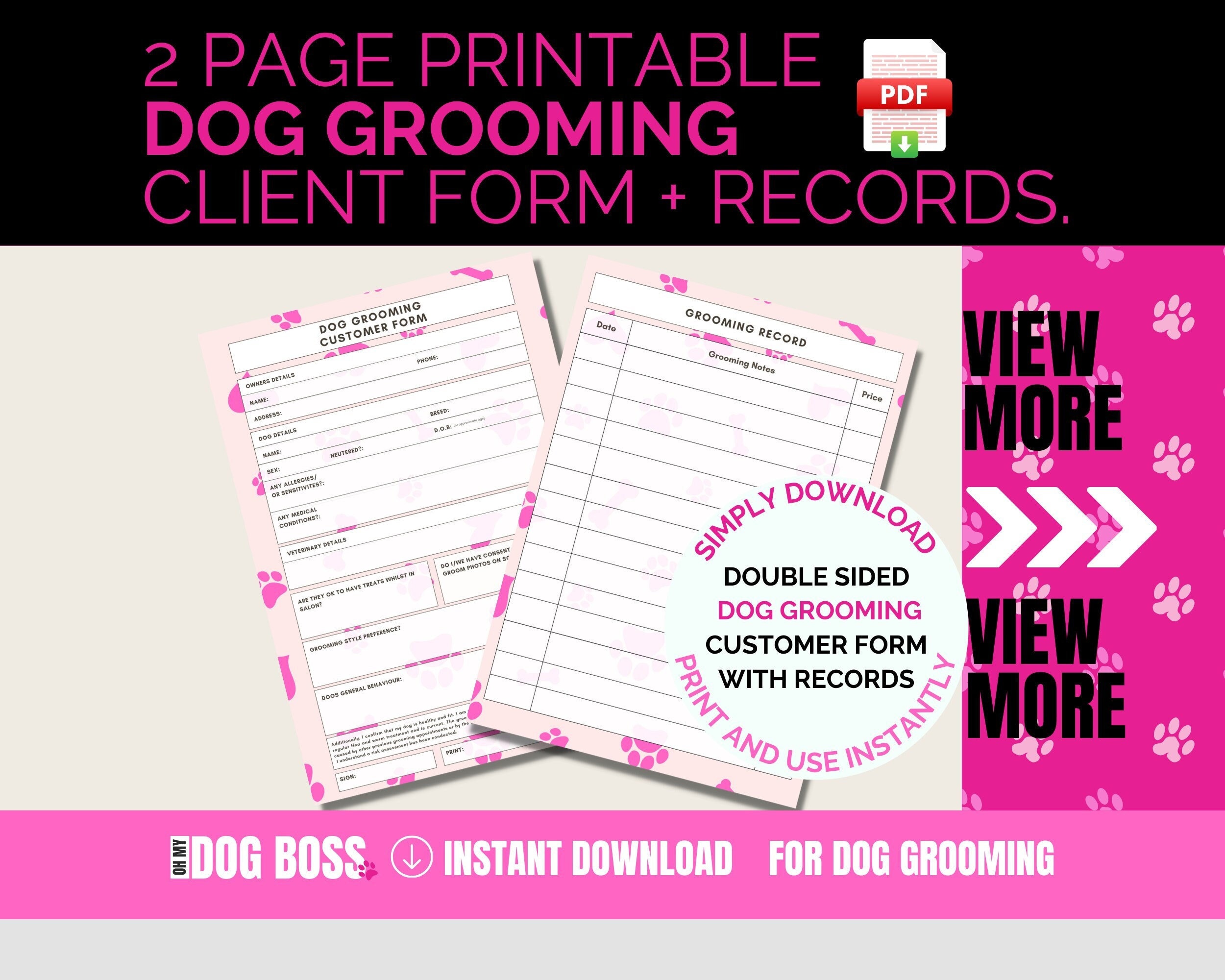 Printable Dog Grooming Form PAW EDITION Mobile Dog Grooming Template ...