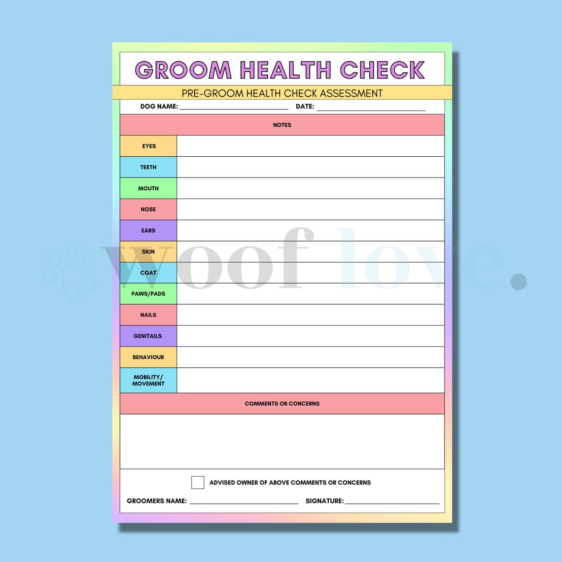Printable Dog Grooming Health Check Form (RAINBOW EDITION) | Dog ...